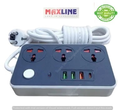 Maxline ML-804, Multifunction 3 Socket & 4 USB With Lightning Port Fast Charging PD20W QC3.0 ...