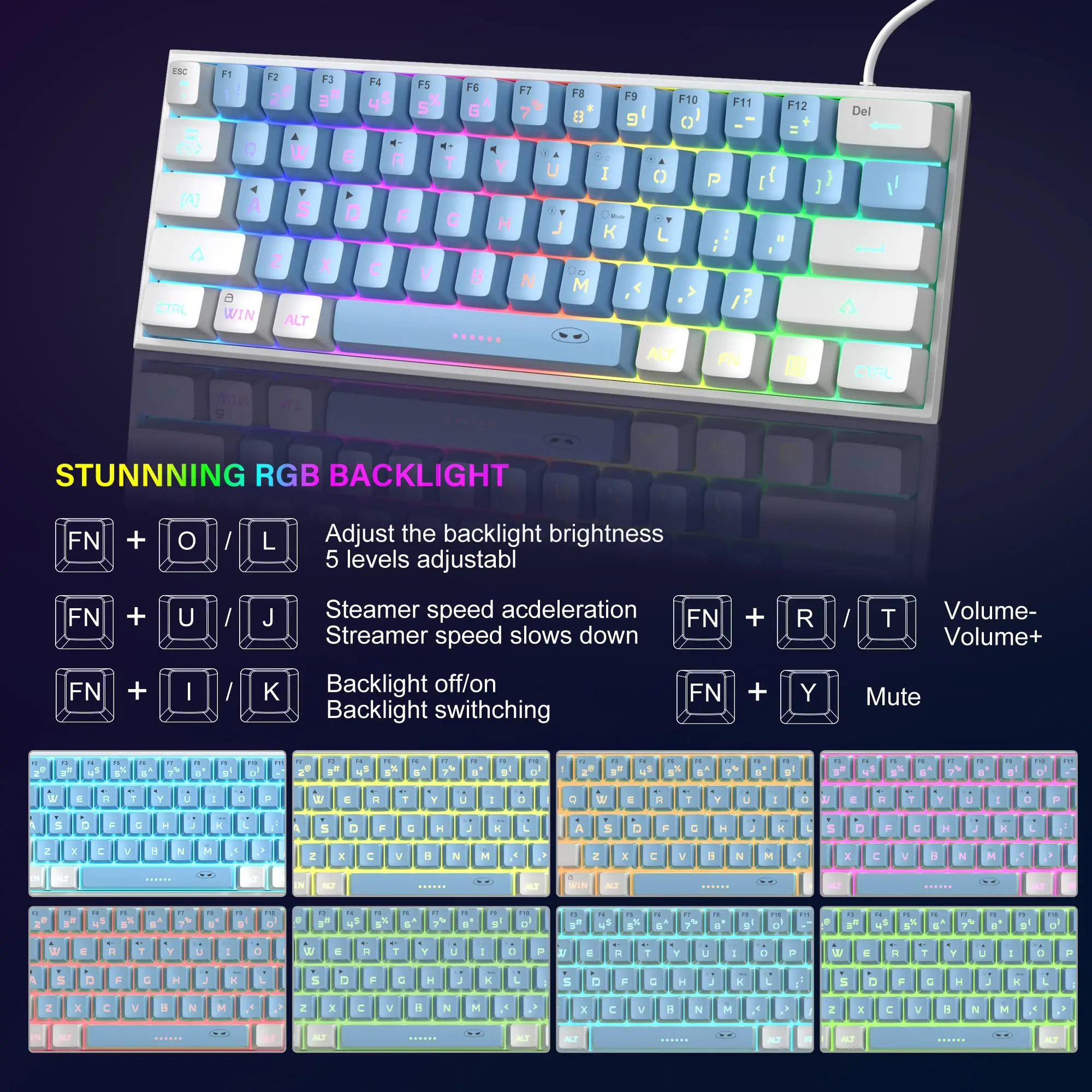 MageGee TS91 60% Mini Membrane USB Keyboard, 61 Key Wired RGB Backlit ...