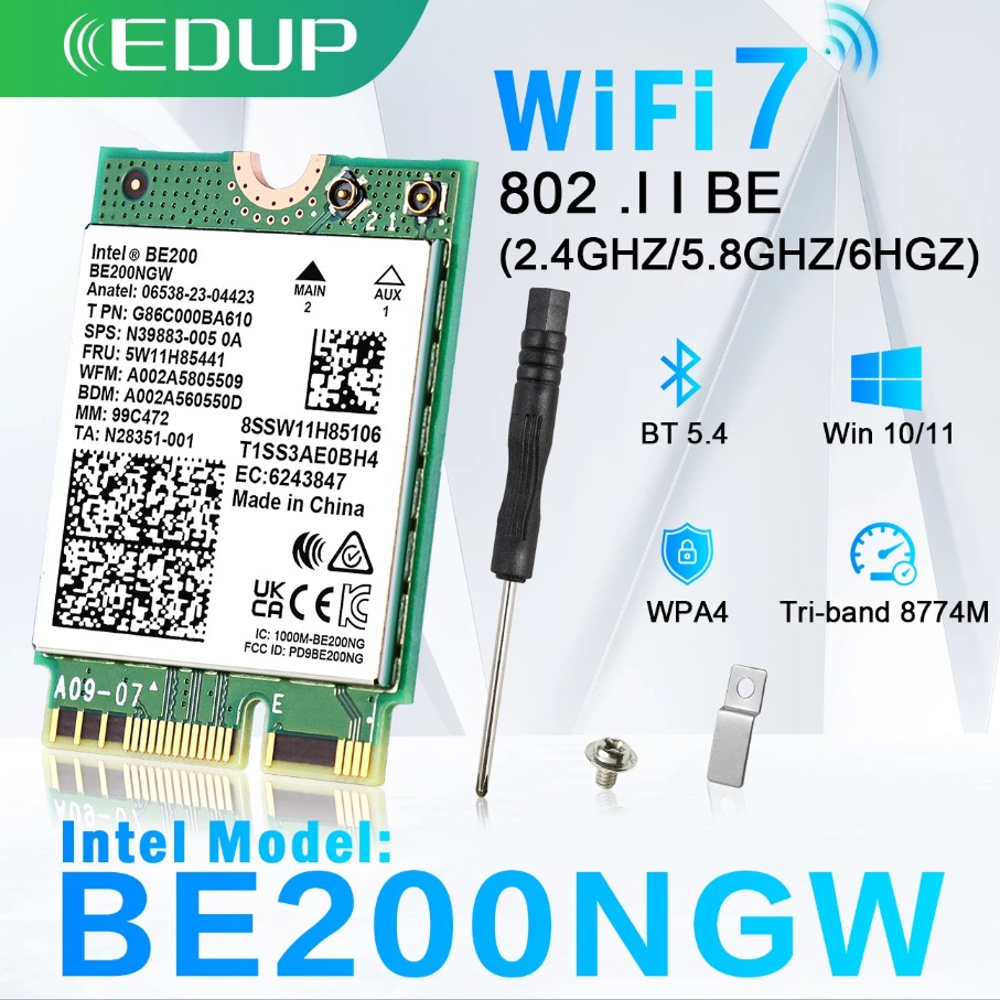 EDUP WiFi7 Intel BE200 Network Card 8774Mbps Wifi Adapter Bluetooth 5.4 Tri Band 2.4G/5G/6GHz ...