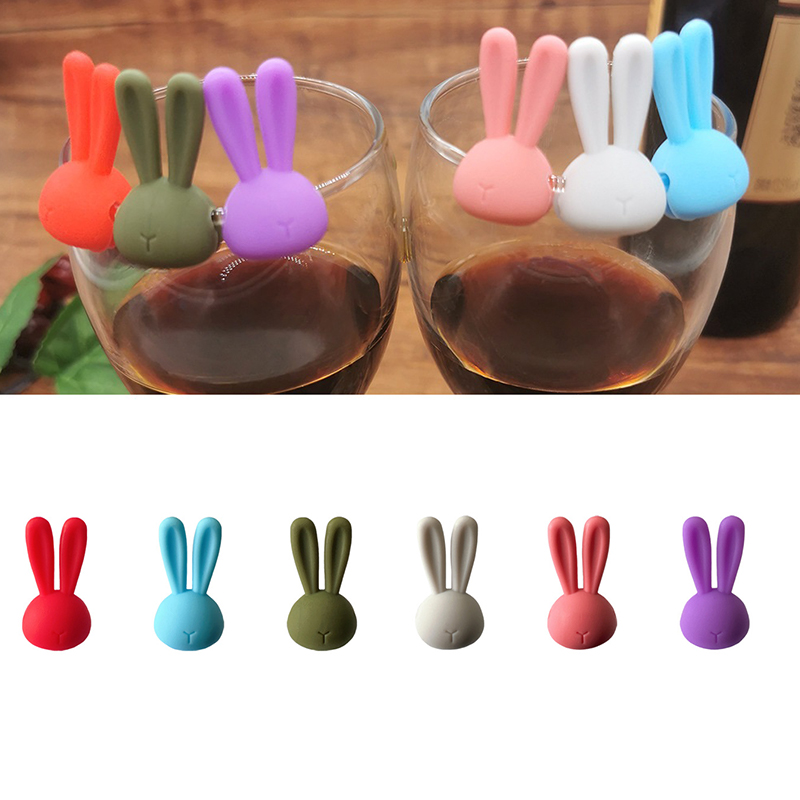 6Pcs Wine Glass Marker Creative 3D Rabbit Ears Silicone Drink Charms ...