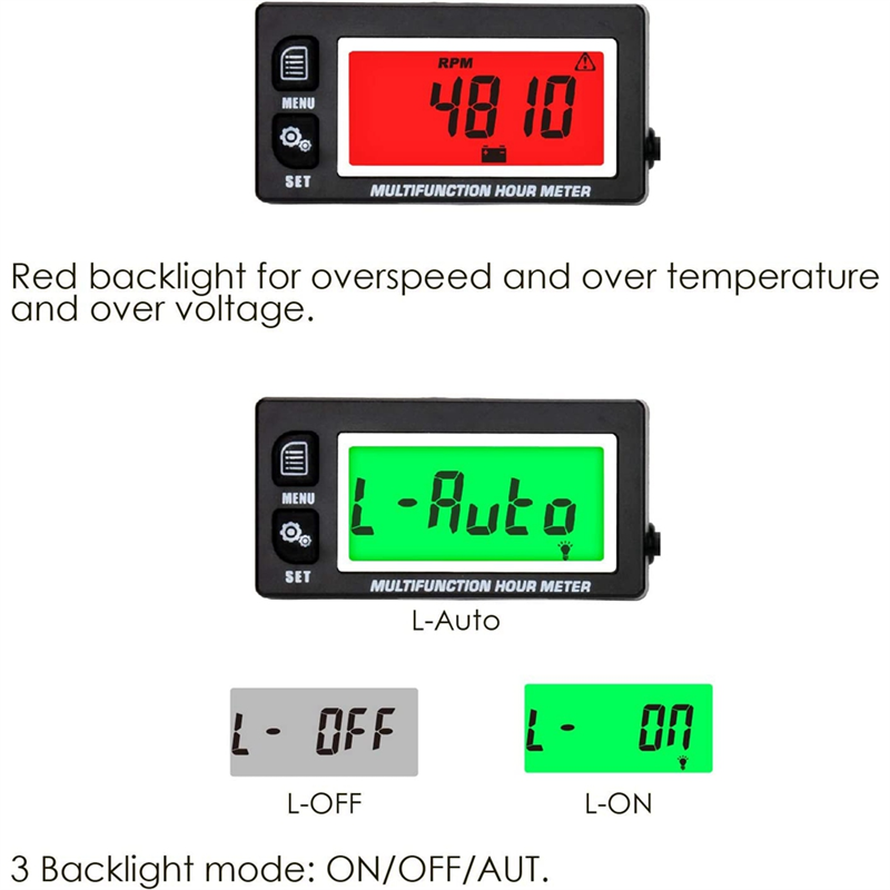 LCD Digital Hourmeter Tachometer Engine Thermometer Replaceable Clock ...