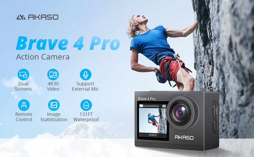 AKASO Brave 4 Pro 20MP 4K Waterproof Dual Screen Wi-Fi Remote Control ...