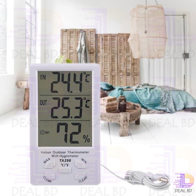 TA298 TA-298 Indoor Outdoor Digital Thermometer & Hygrometer With Clock ...