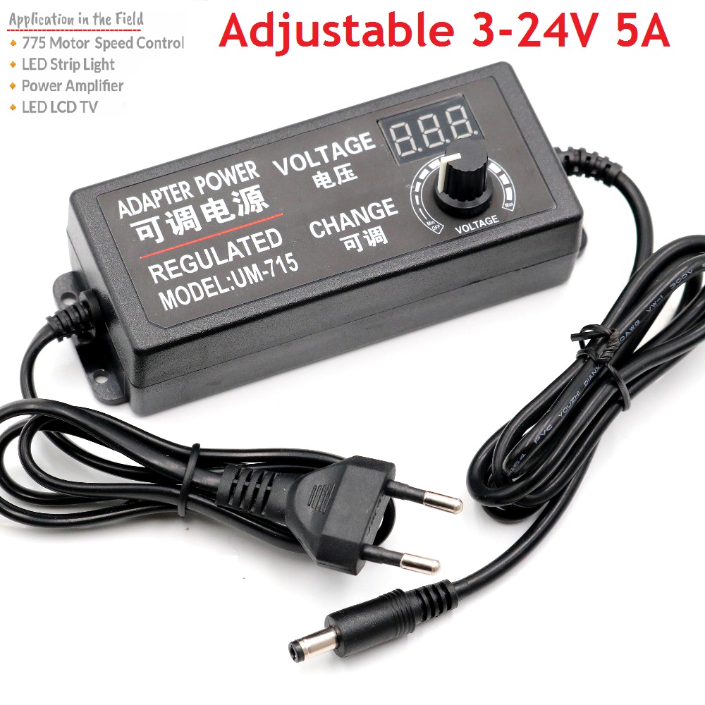 DC 3-24V 5A Adjustable Power Adapter with LED Voltmeter Variable RS775 Motor Power Supply AC ...