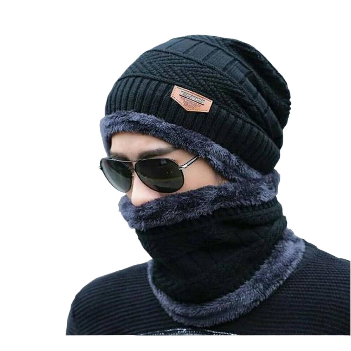 BLACK COLOUR COTTON UGLY CAP WINTER HAT AND NECK WARMER FOR MEN ...