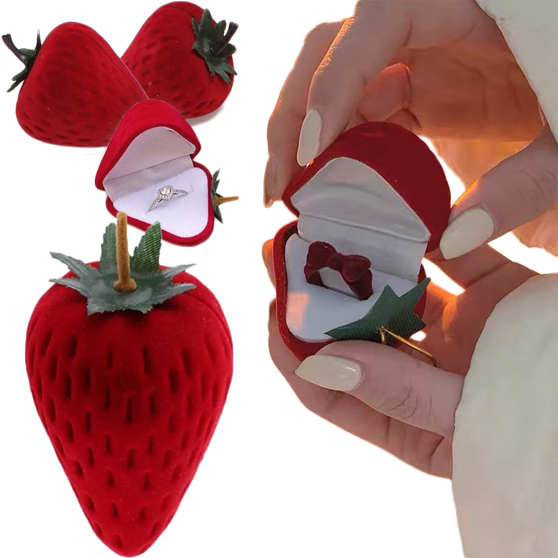 Red Strawberry Jewelry Box Velvet Heart Wedding Ring Box Proposal Ring ...