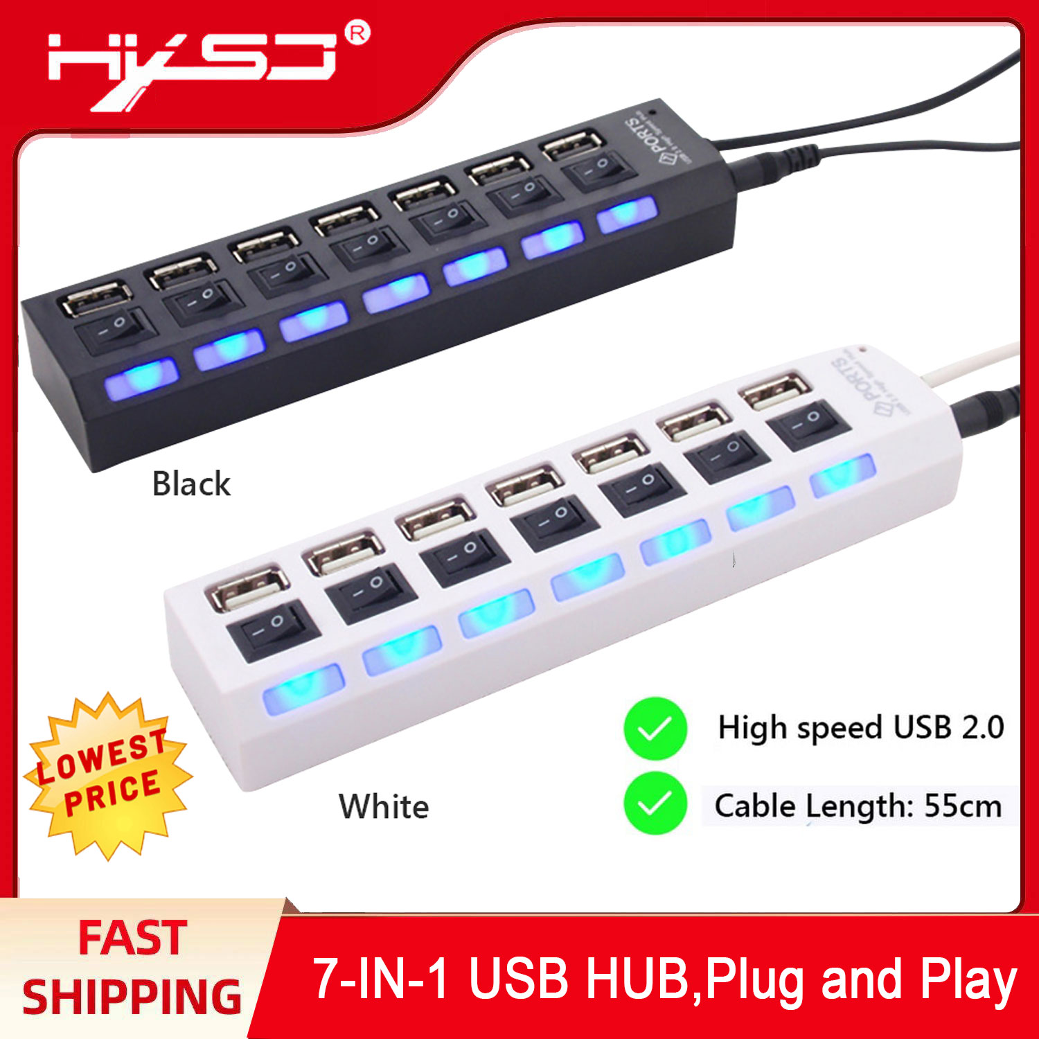 HXSJ Hot USB Hub 7 Port USB 2.0 Independent Switch Indicator High Speed Ultra Slim Splitter Hub ...