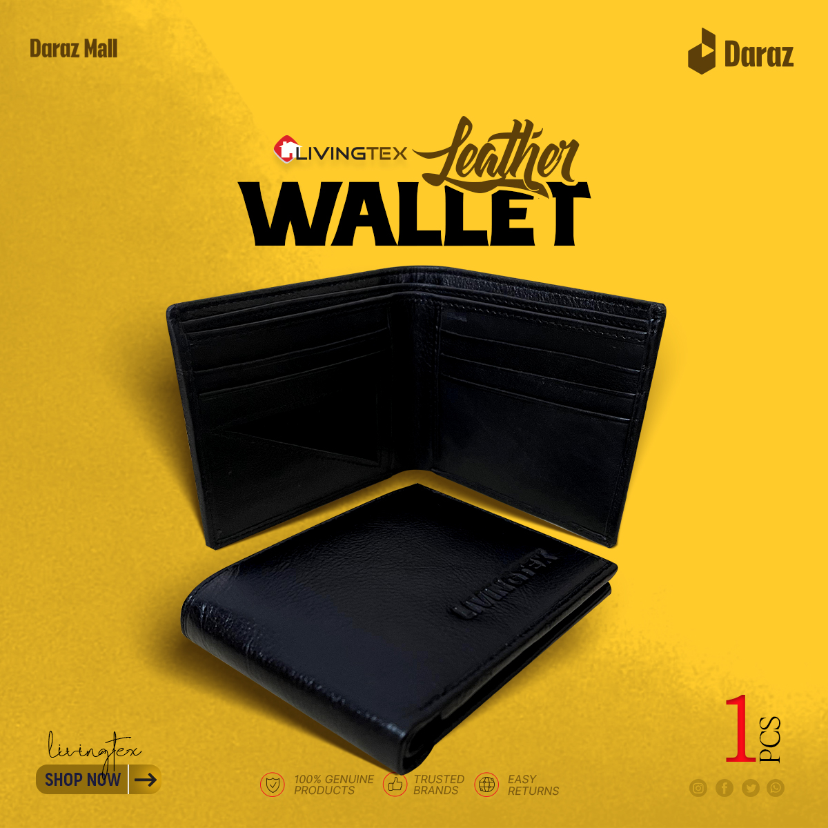 Pure Black Men's Leather Wallet _Money Bag_ Livingtex Branded | Daraz ...