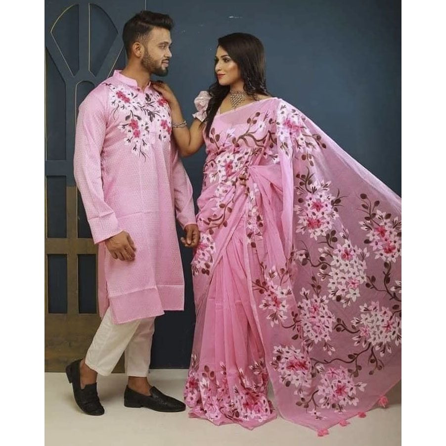 Hand-Printed Gorgeous Saree & Panjabi Couple Dress Combo - Ideal for ...