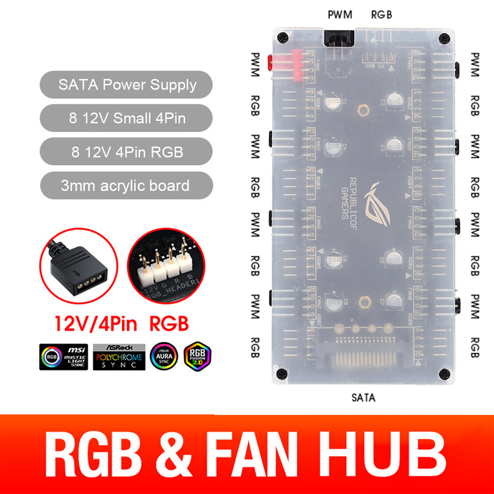 1 To 8 Way Splitter RGB PWM Hub PC 5V 3PIN/12V 4PIN Cooling Fan HUB RGB ...