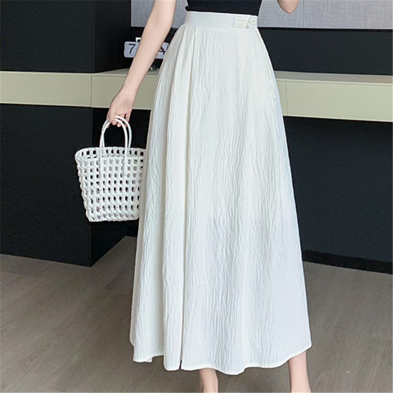 Seoulish Cotton Pleated Long Skirts for Women 2024 New Summer Spring Elegant Solid Elastic High ...