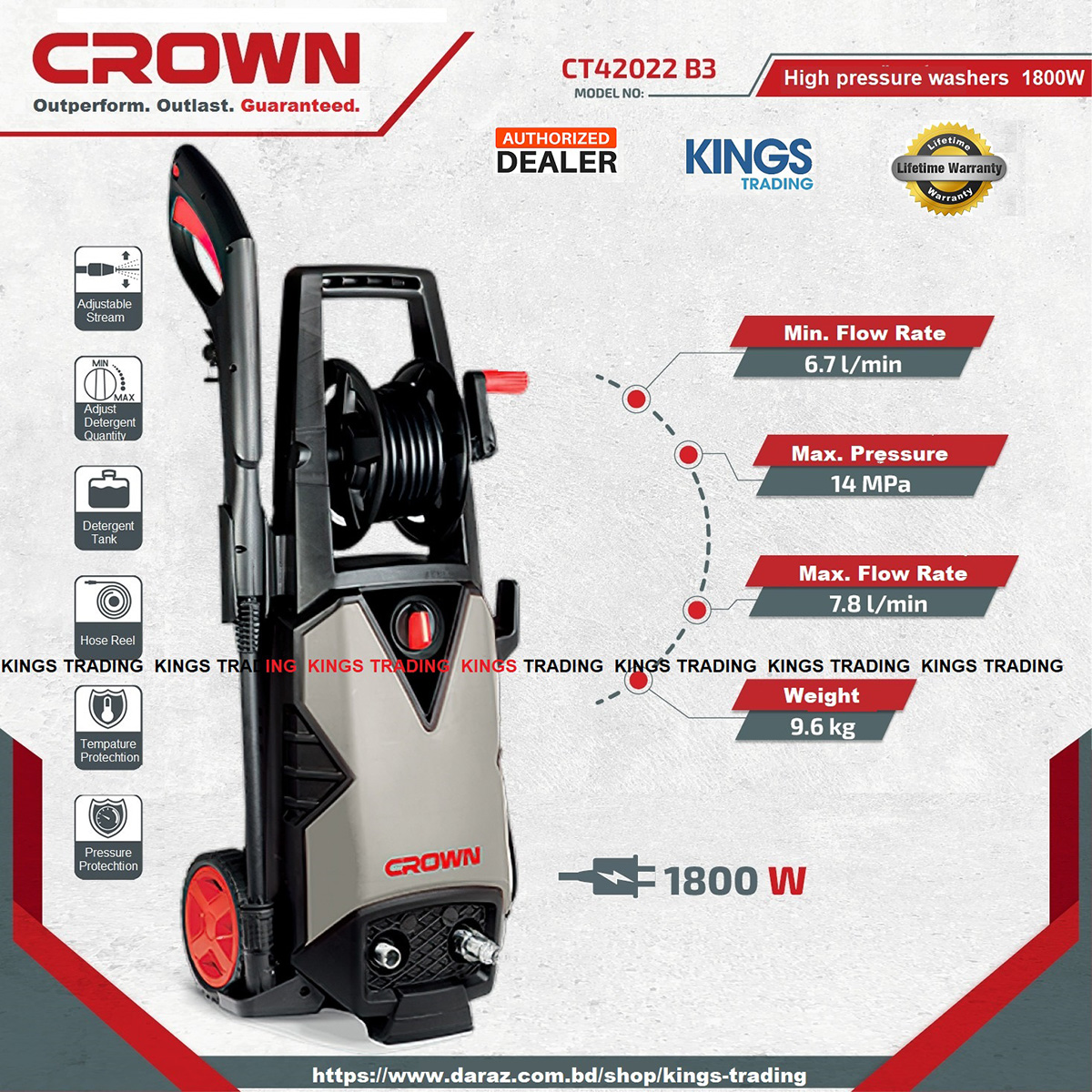 CROWN 140 Bar High Pressure Washer 1800W Car Washer Bike Washer Cleaner ...