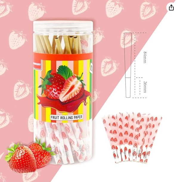 48 Cone Strawberry Fruit Flavor 1¼ Cones Rolled 84Mm Rolling Paper With ...