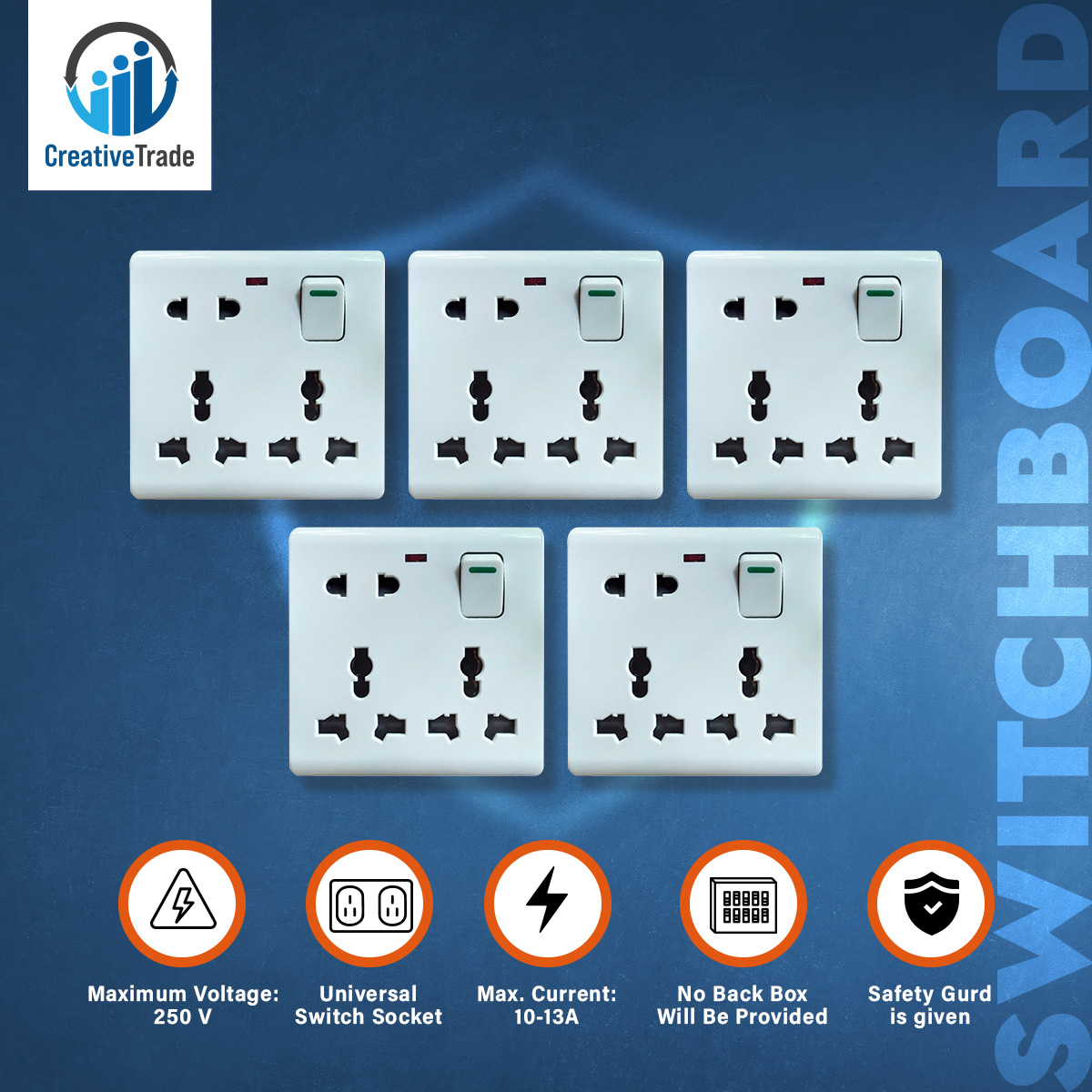 Bundle of 5 Pieces Multi Function Universal Wall Gang Socket - 8 Pin Gang Universal Socket ...