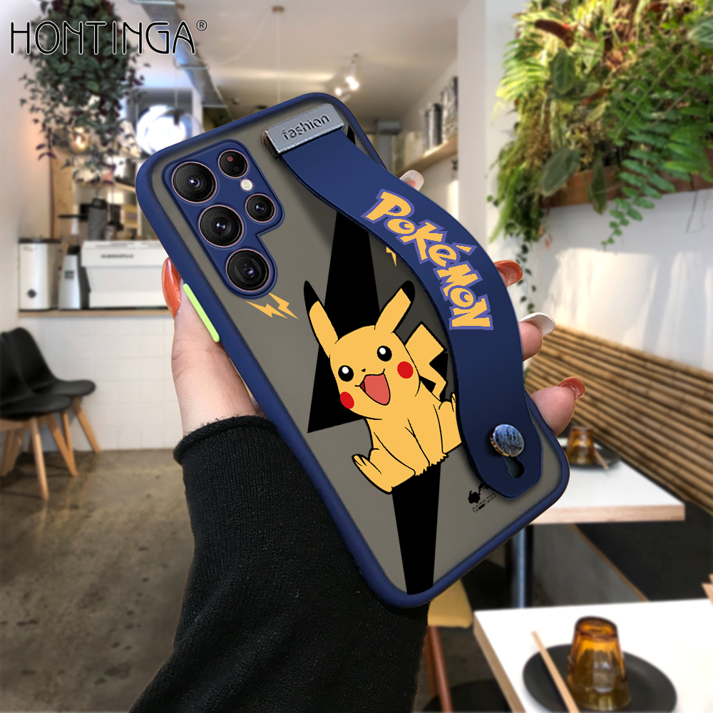 Hontinga for Samsung S22 Ultra 5G Back Cover With Wristband Cartoon Pikachu Phone Casee Full ...