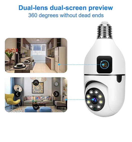 2MP Dual Lens CCTV P2p Camera WiFi bulb Lamp Light Panoramic IP PTZ ...