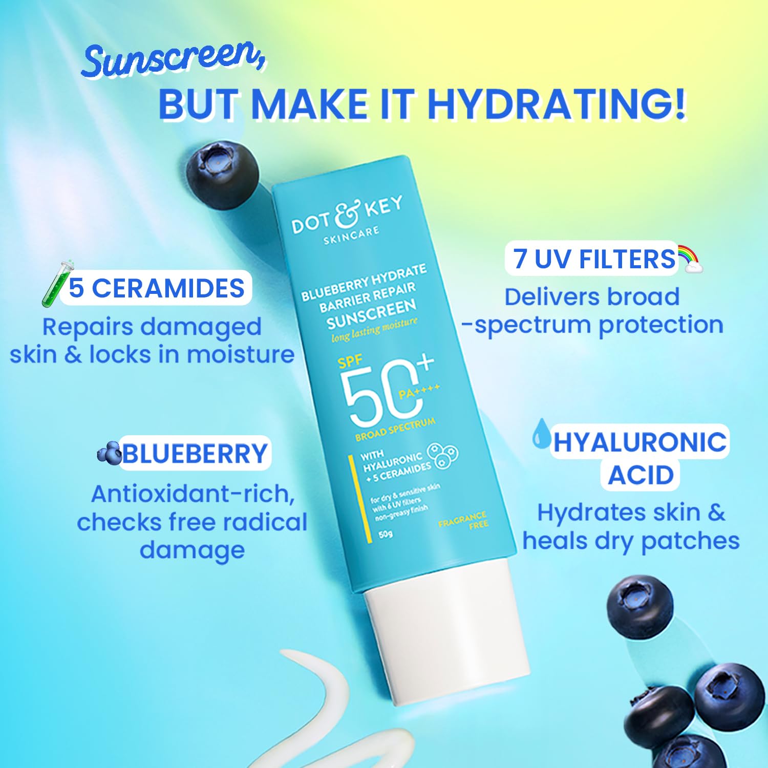 Dot & Key Blueberry Hydrate Barrier Repair Sunscreen SPF 50+, PA ...