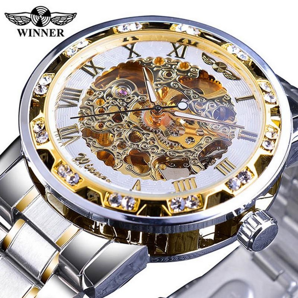 （New）Winner Men Diamond Watch Hollow Belt With teel Belt Manual ...