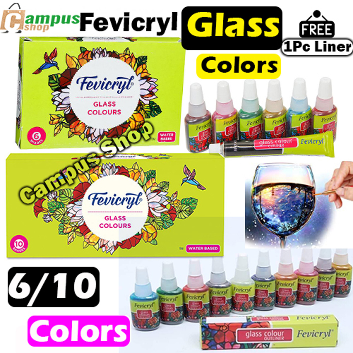 Fevicryl Water Based Glass Colour Kit 10 Or 6 Color for Glass Painting ...