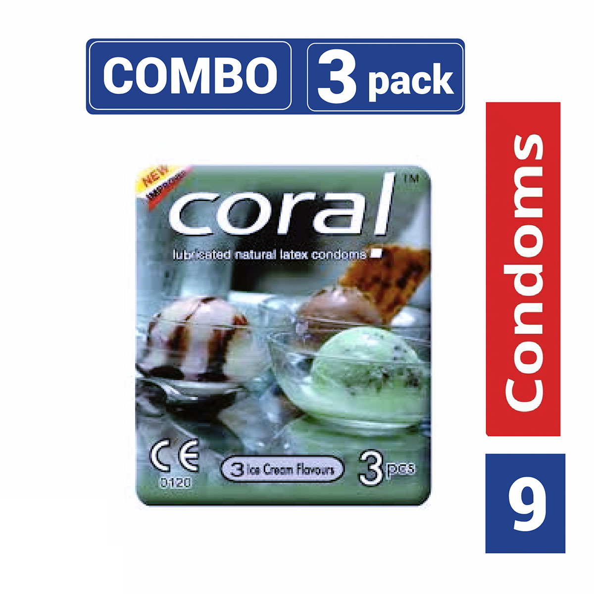 Coral 3 Ice Cream Flavors Lubricated Natural Latex Condom - 3 Packs ...