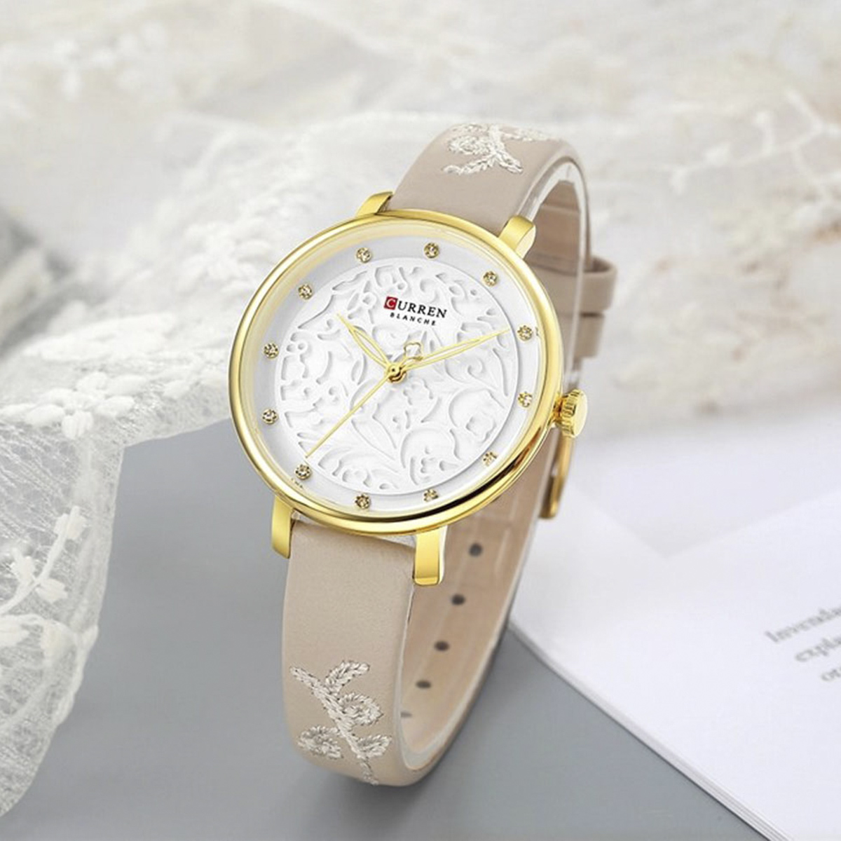 CURREN 9046 PU Leather Analog Watch For Women - Cream & White | Daraz ...